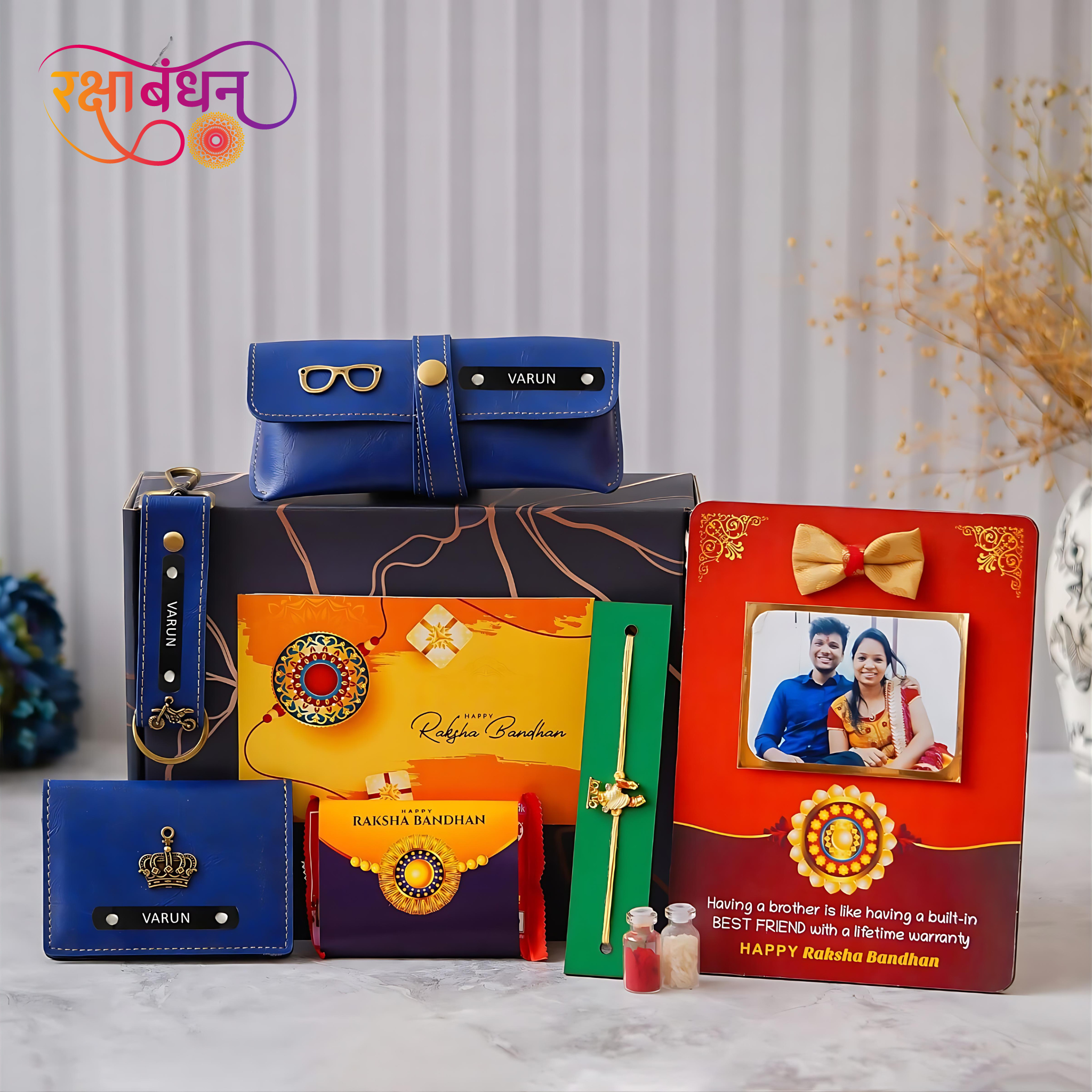 Personalized Rakhi Gift Set: Leather Essentials With MDF Frame