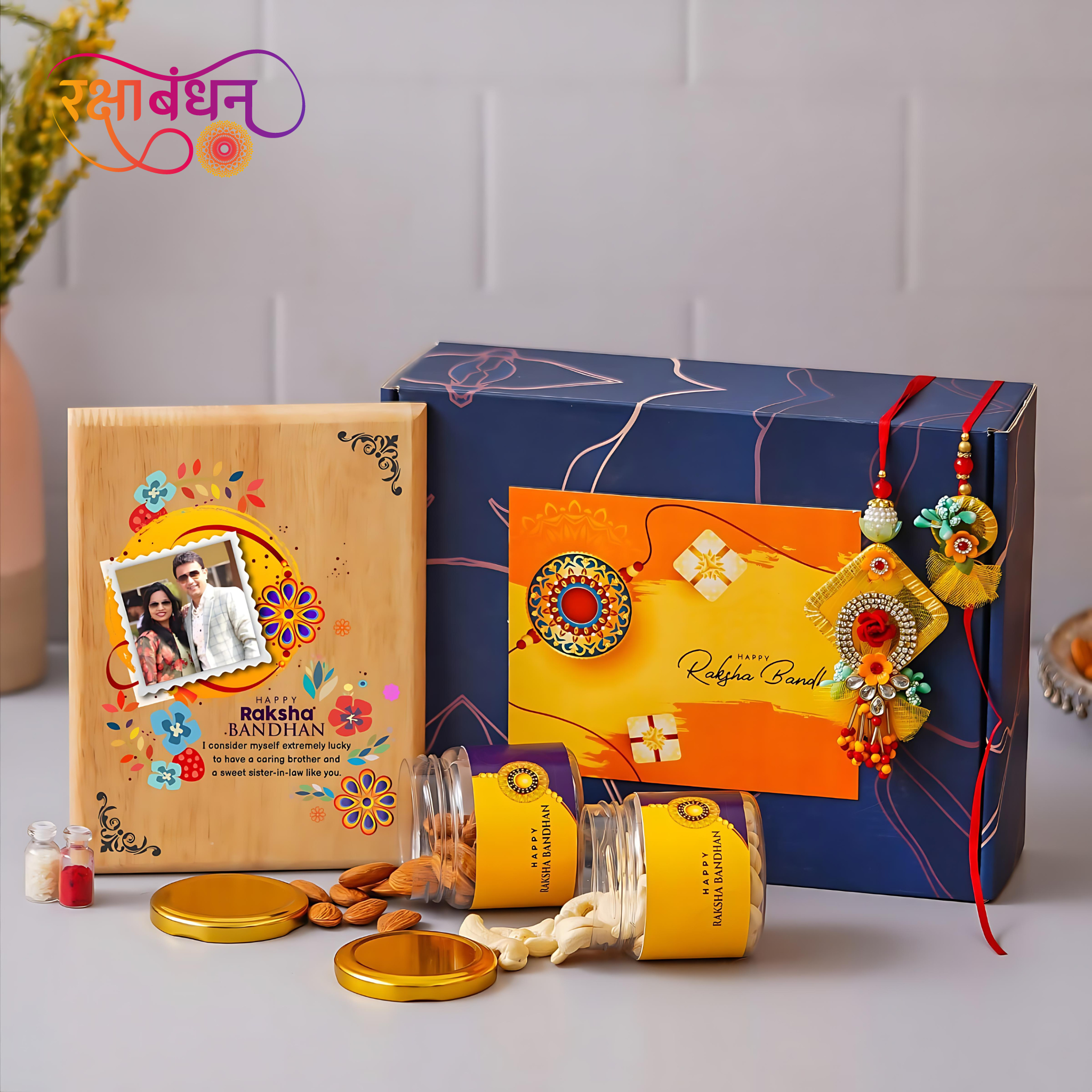 Rakhi Special Wooden Engraved Frame with Photo and Message with Couple